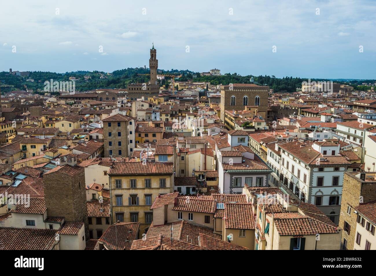 Aerial or bird eye view of Florence cityscape at a bright sunny summer ...