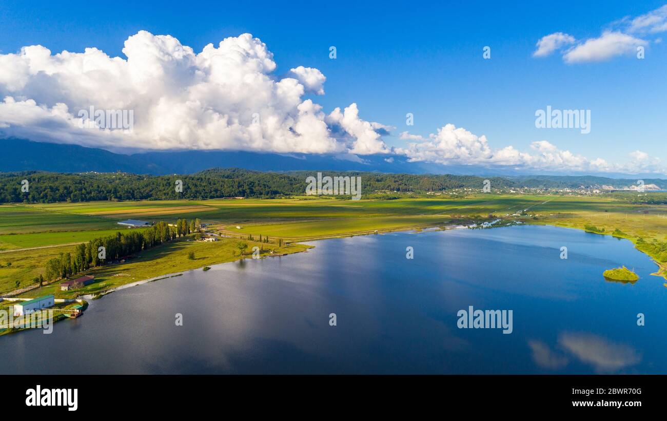 Beautiful aerial view of lake and shoreline at summer season Stock ...