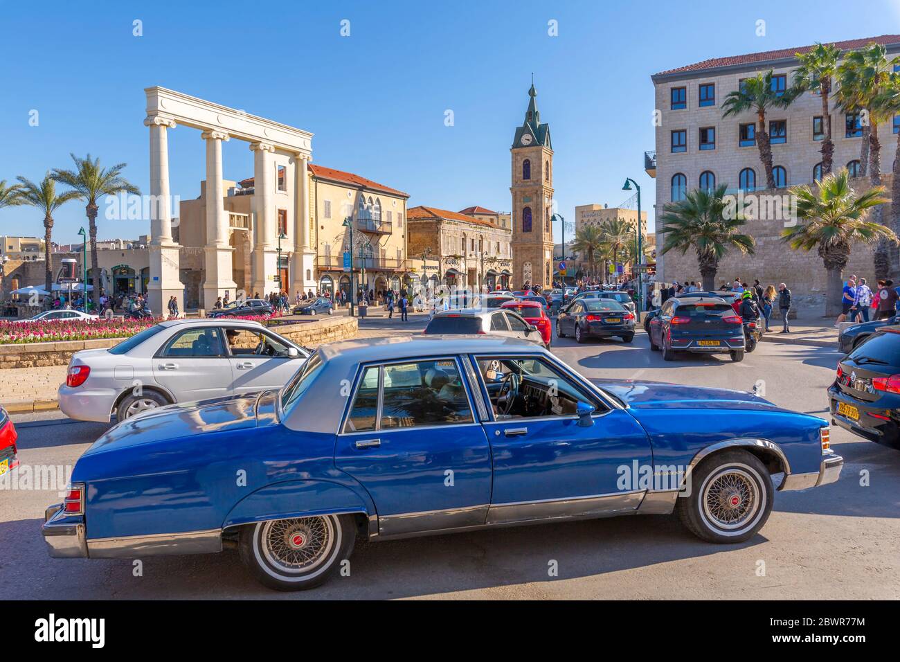 View of The Clock Tower and classic car, Jaffa Old Town, Tel Aviv ...