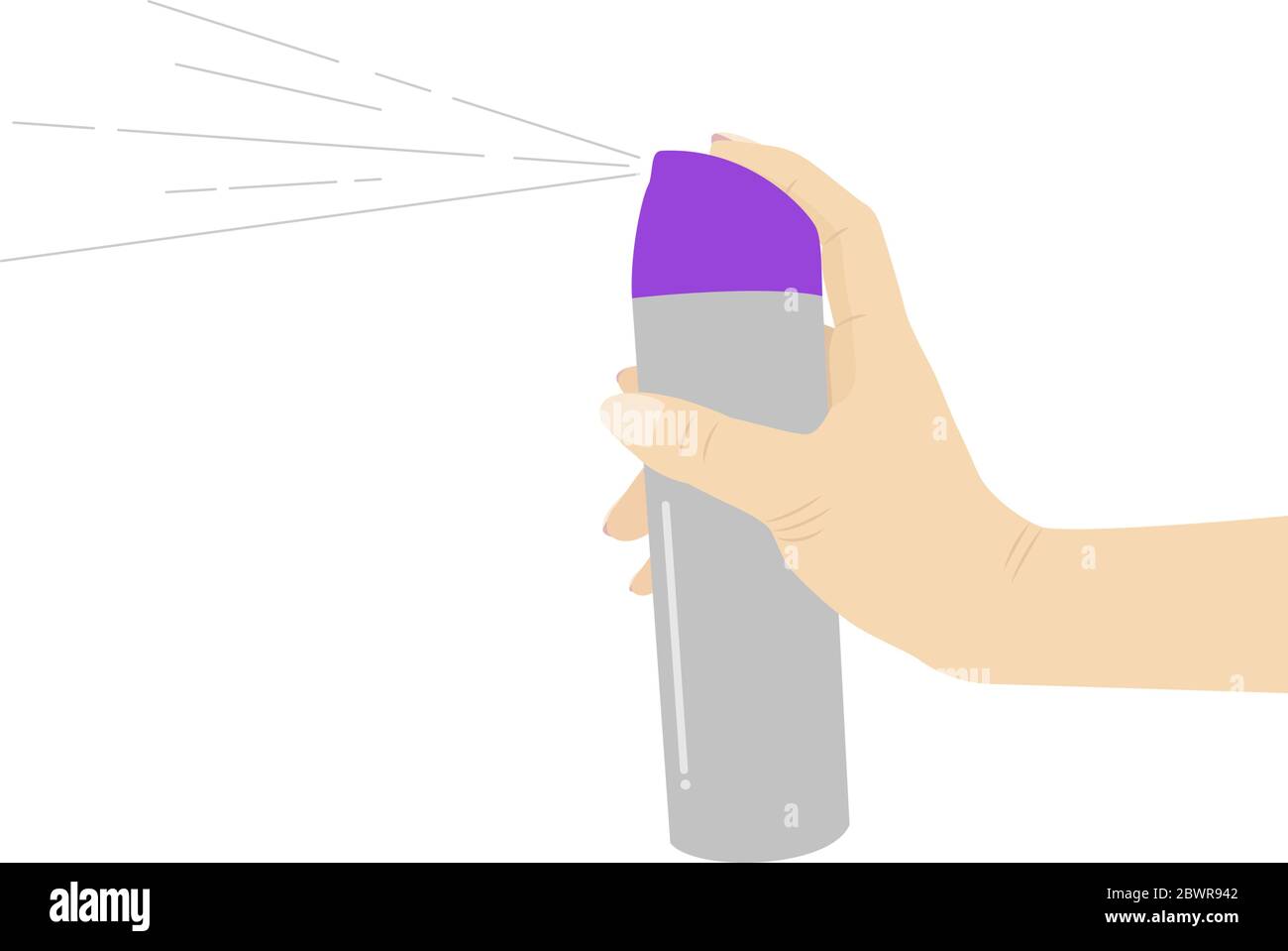 Hands holding aluminium aerosol can and spraying isolated on white ...