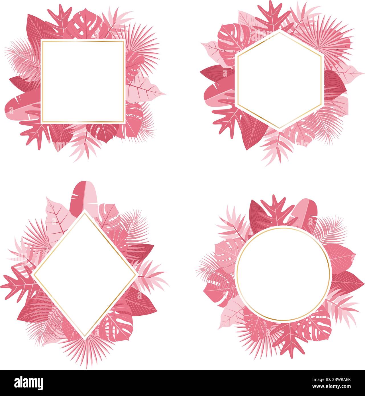 Collection of exotic botanical design tropical pink leaves frame vector ...