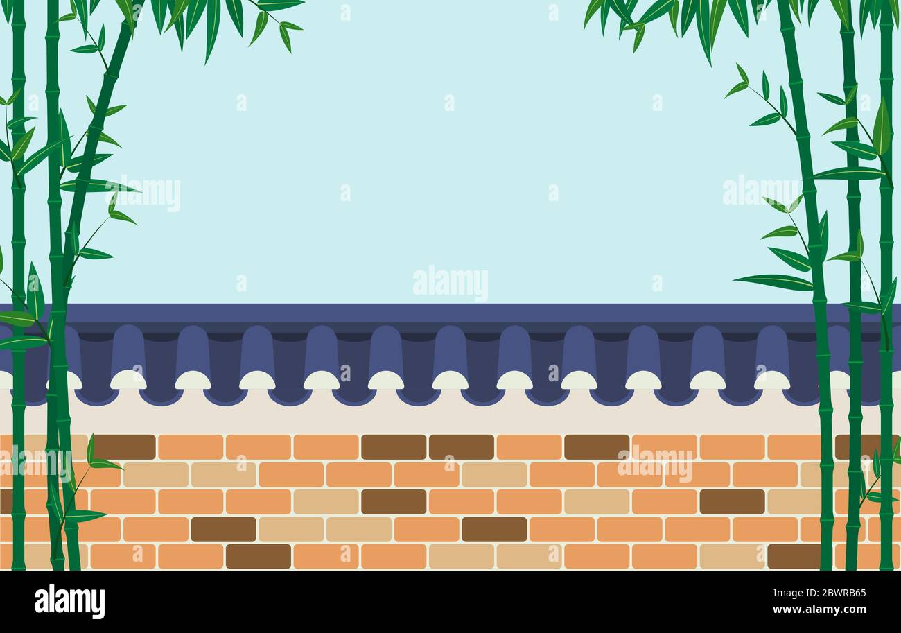 Chinese style stone wall fence with green bamboo tree on background ...