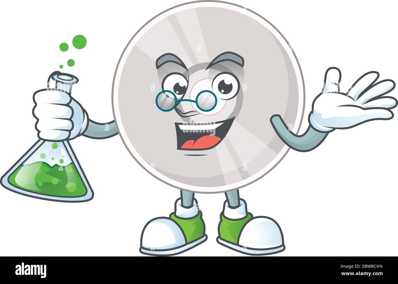 Compact disk smart Professor Cartoon character holding glass tube on ...