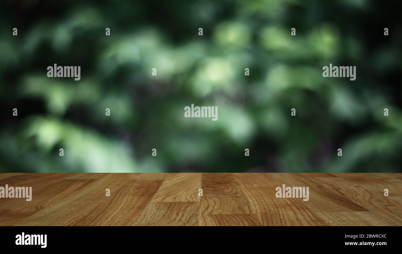 wood table background with abstract blurred soft light fresh green ...