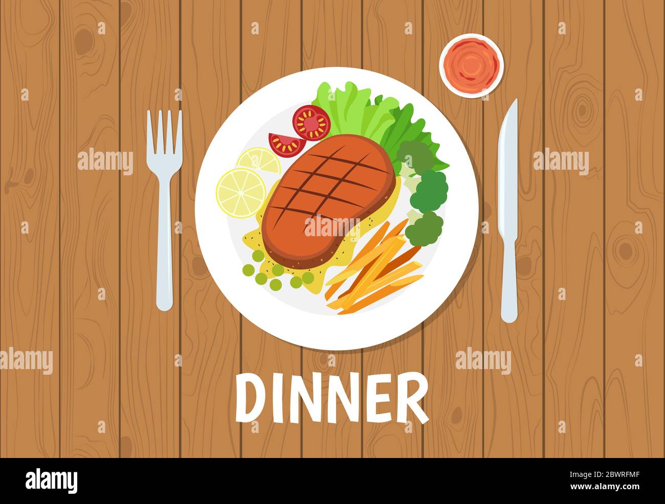 Vector illustration of dinner set on brown table wooden background ...