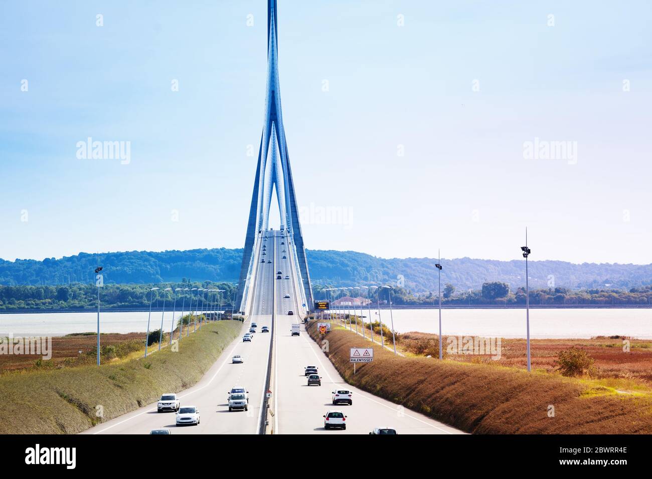 Front view of the Pont de Normandie cable-stayed road bridge over Seine ...