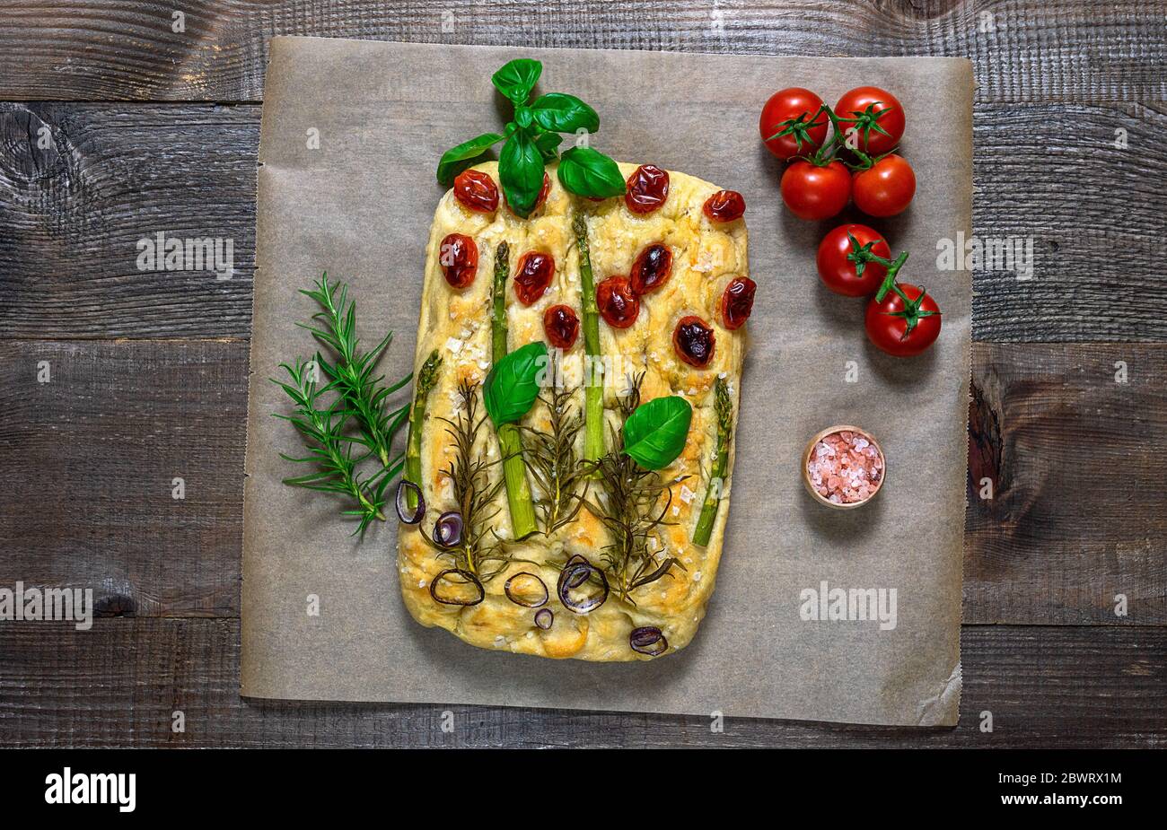Baked focaccia art bread, top view Stock Photo - Alamy