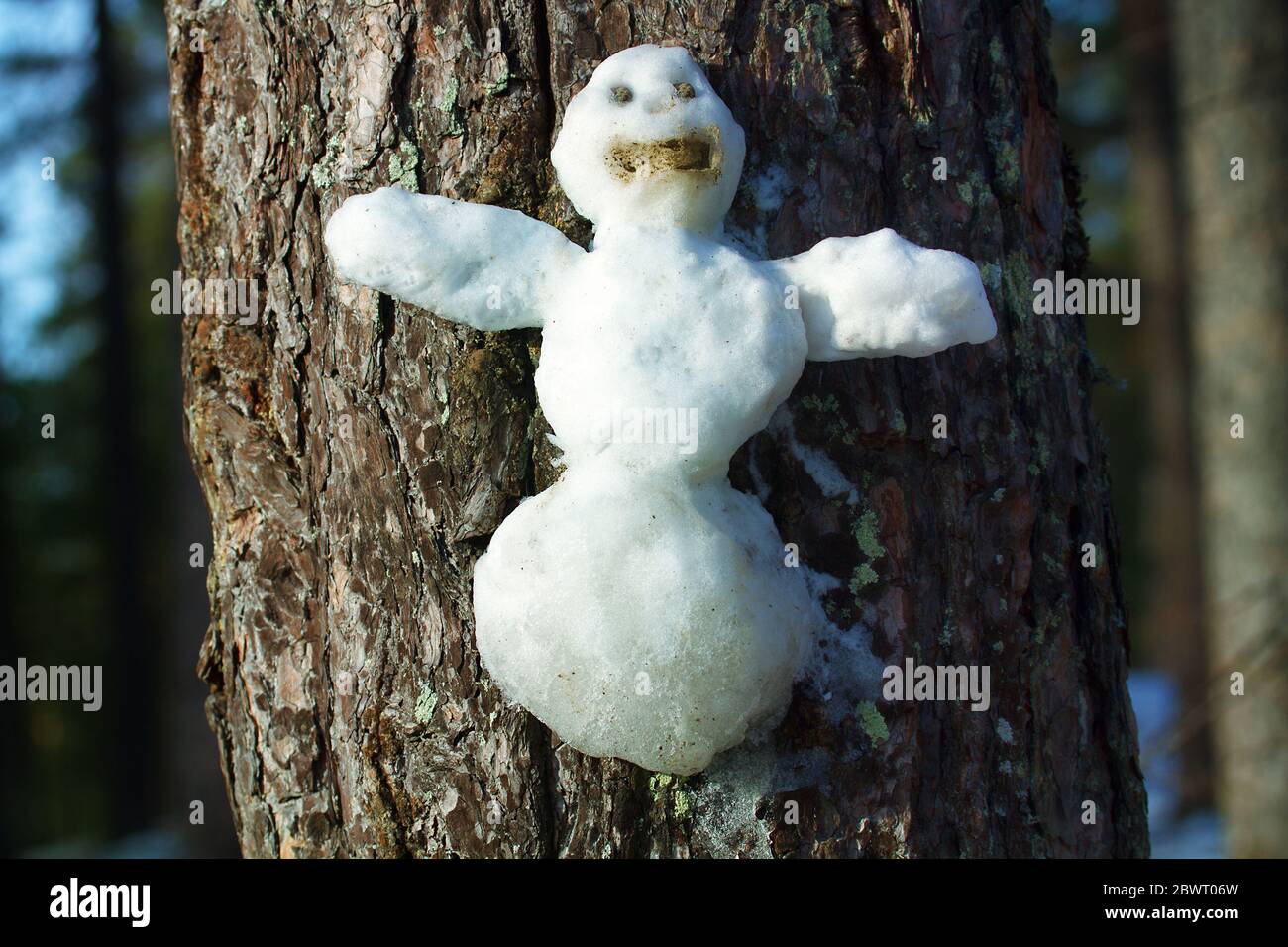 Snowman figurine on a tree trunk. Characters from the winter Christmas ...