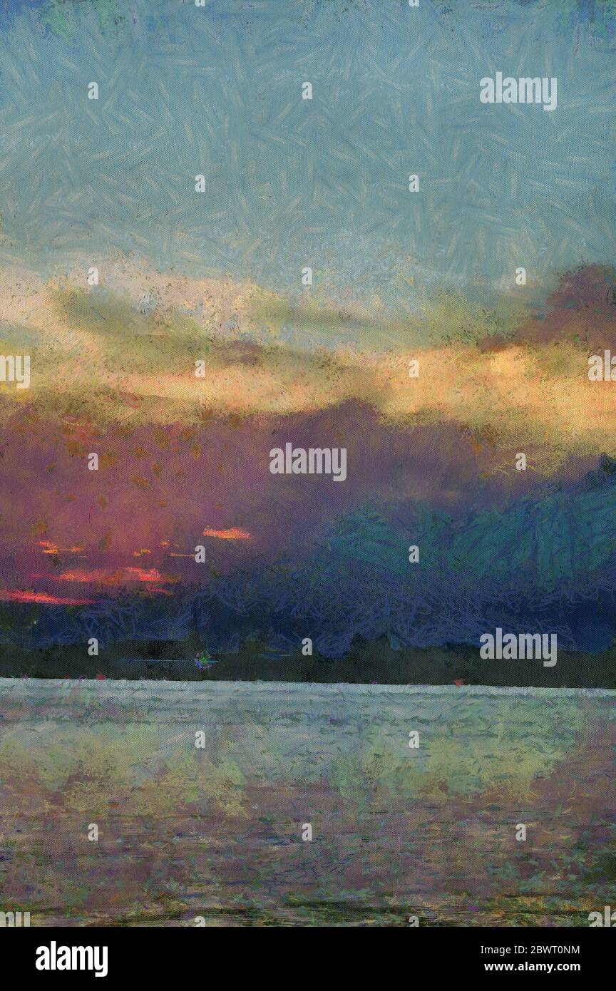 Landscape of riverside Illustrations creates an impressionist style of ...