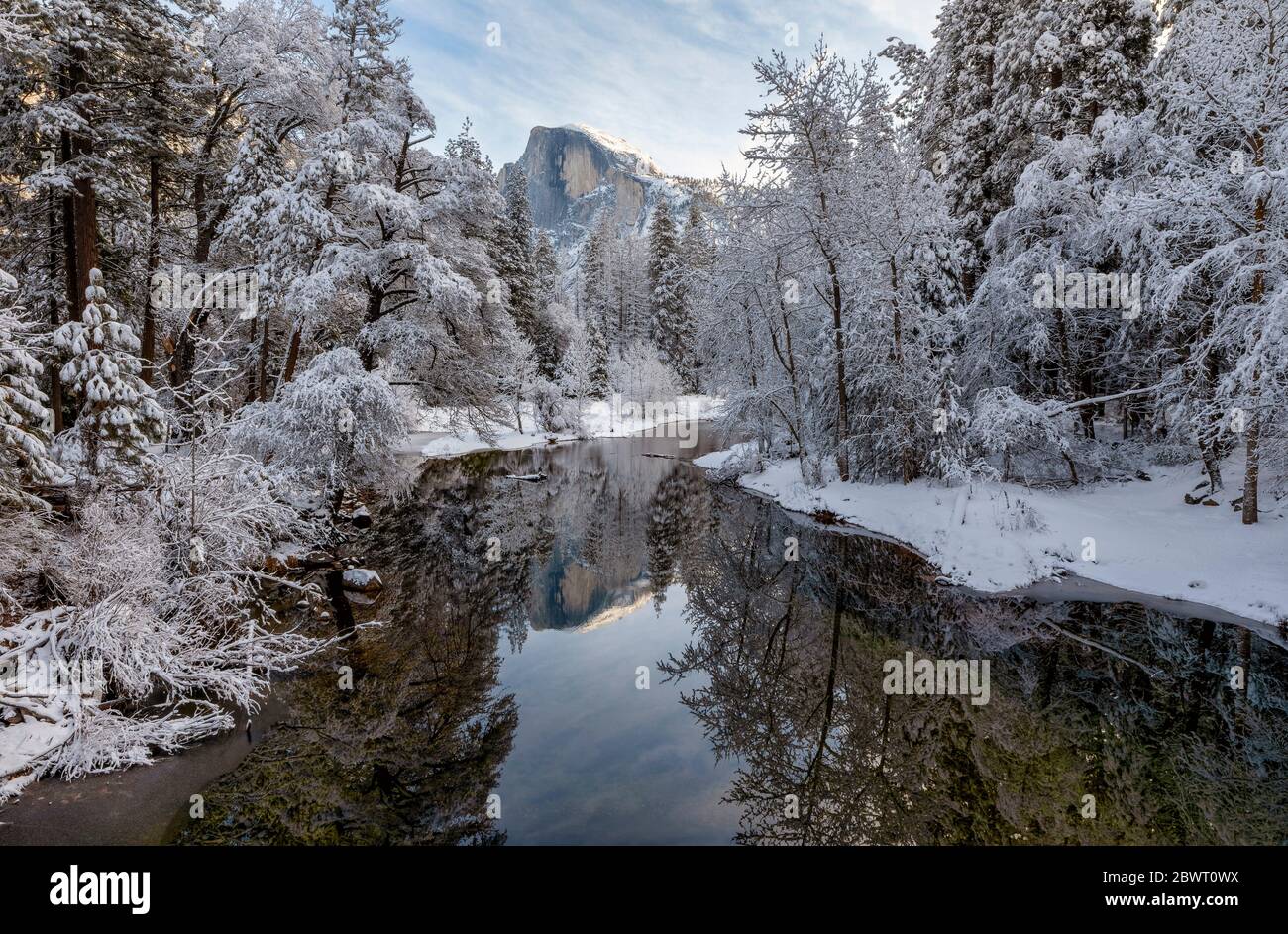 Half dome above river and winter snow hi-res stock photography and ...