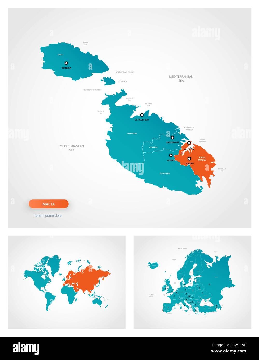Editable template of map of Malta with marks. Malta on world map and on ...