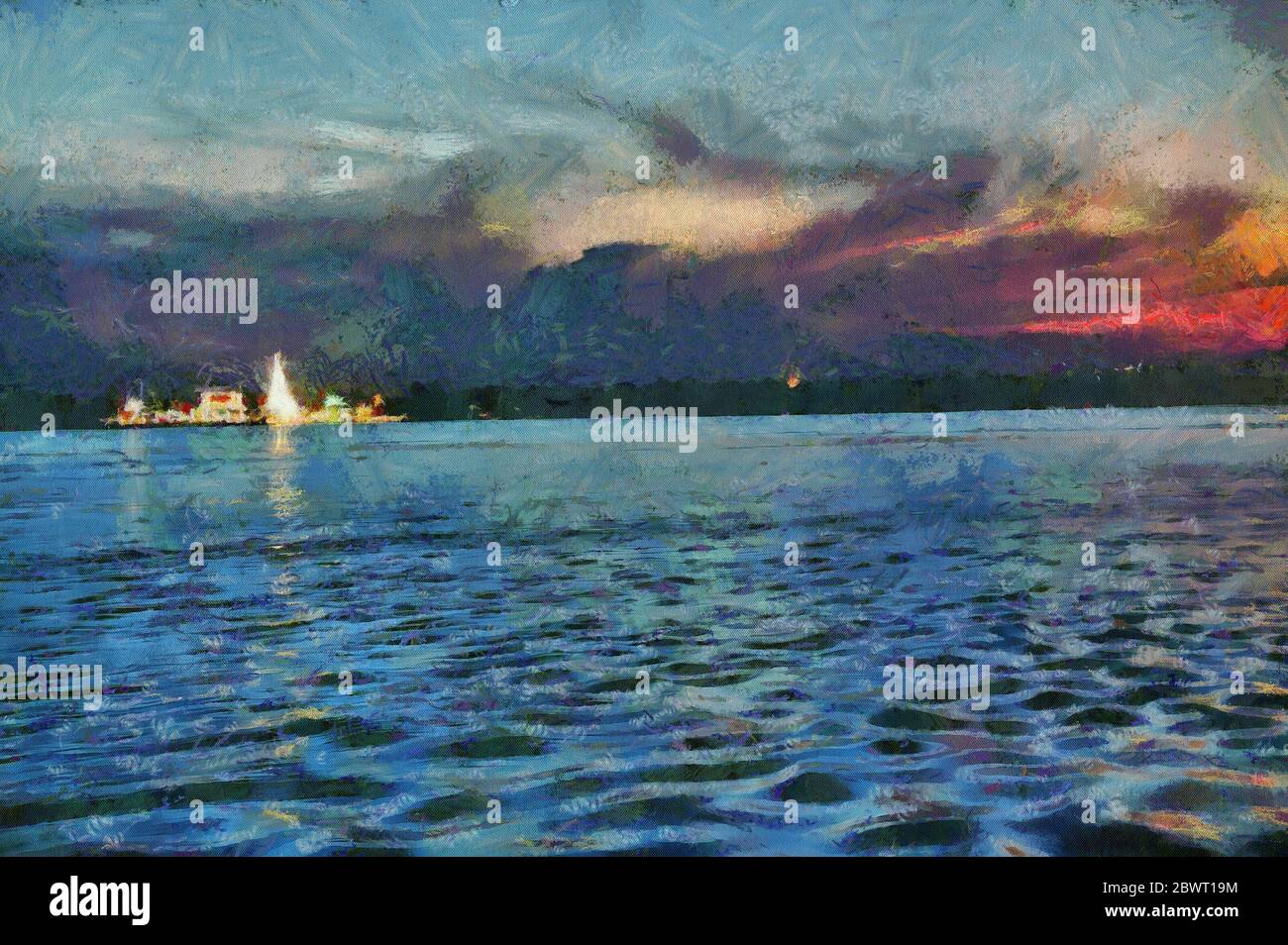 Landscape of riverside Illustrations creates an impressionist style of ...