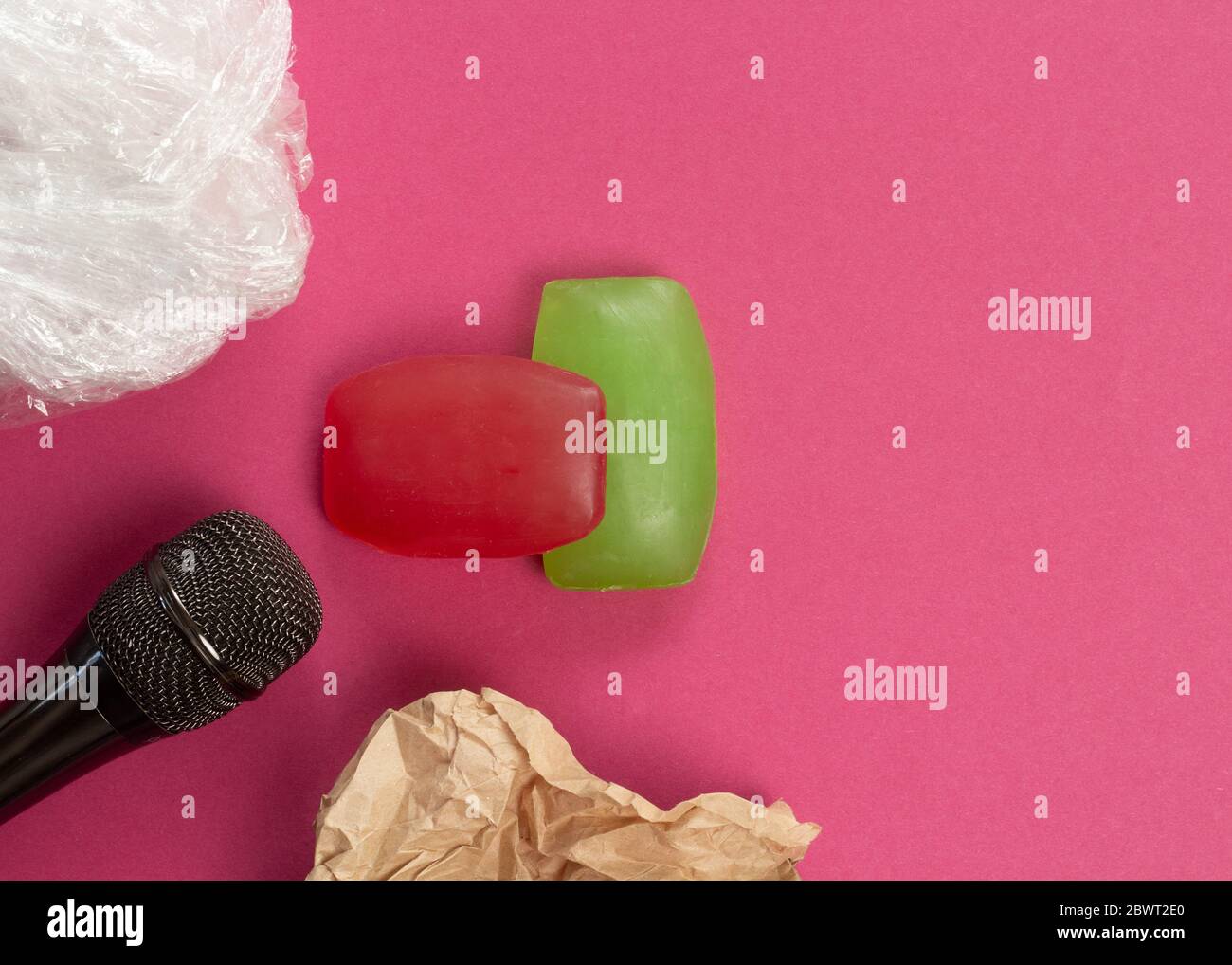 ASMR concept. Specific auditory irritants. Soap, plastic wrap and ...