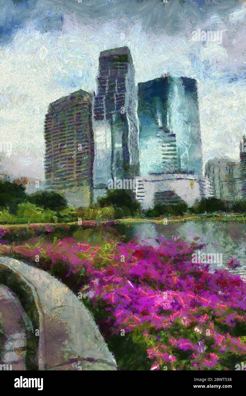 The landscape of tall buildings and water Illustrations creates an ...