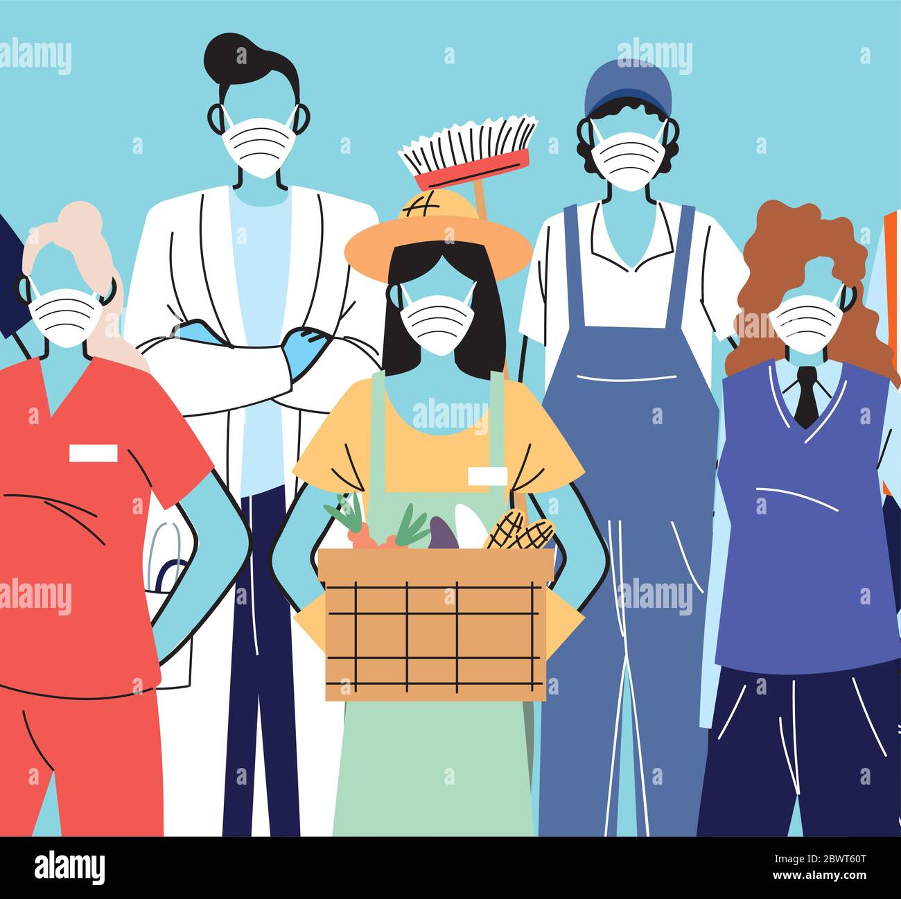 thank you essential workers, various occupations people wearing face ...