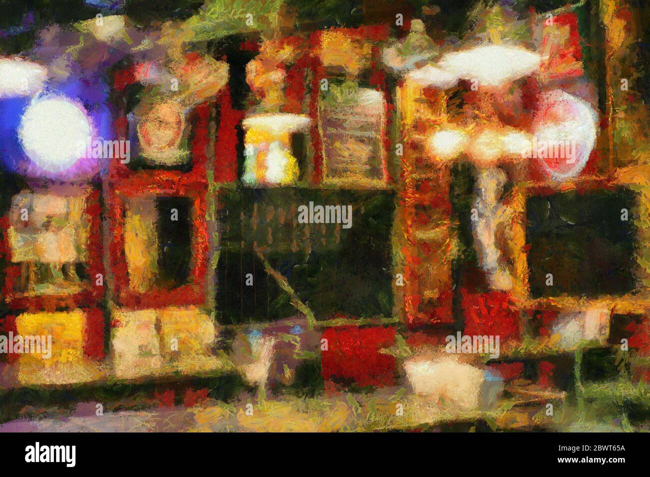 The landscape of the restaurant at night Illustrations creates an ...