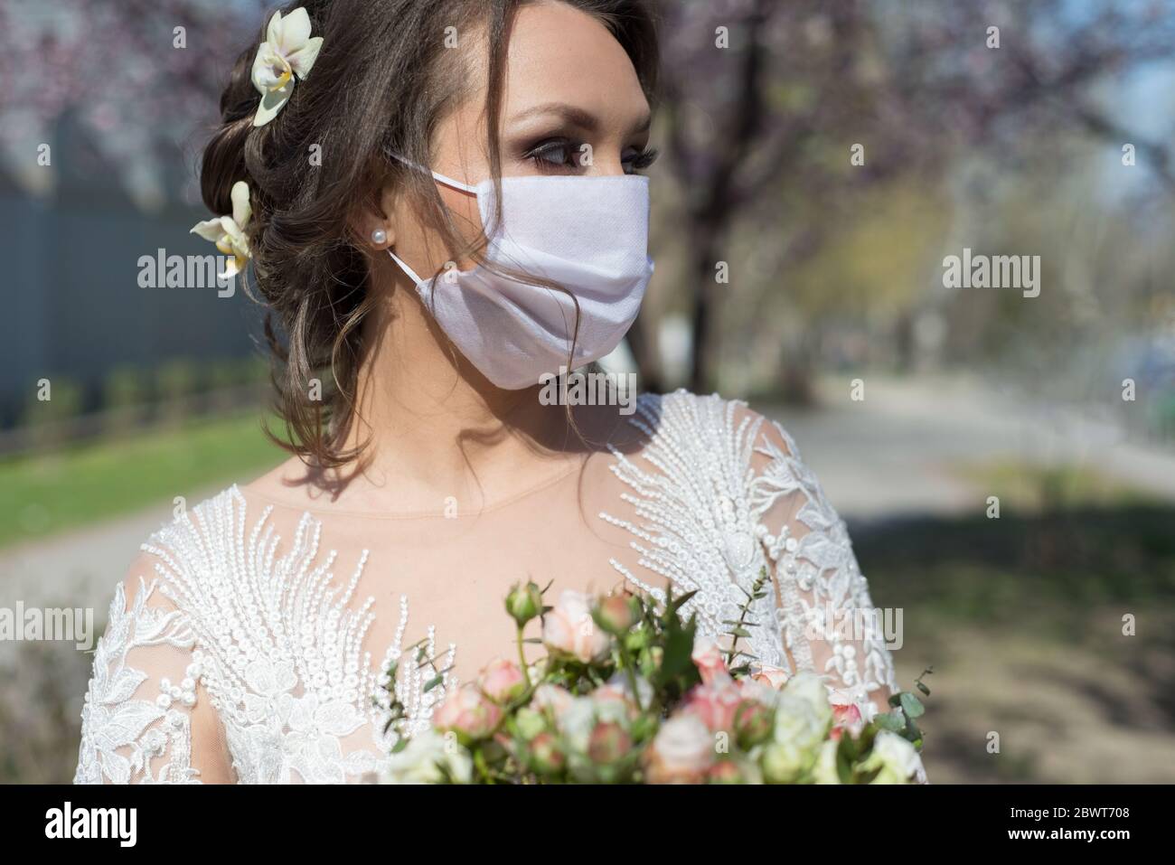 masked bride. Wedding during the period of quarantine and pandemic ...