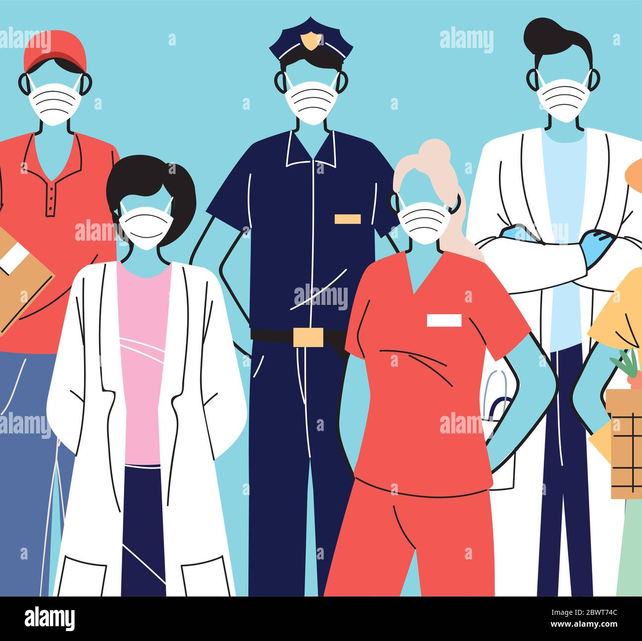 thank you essential workers, various occupations people wearing face ...