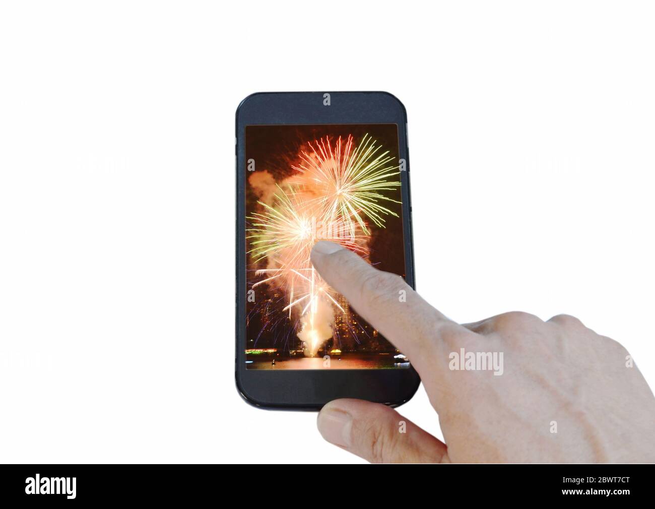 human finger pointing mobile phone screen with fireworks on white ...