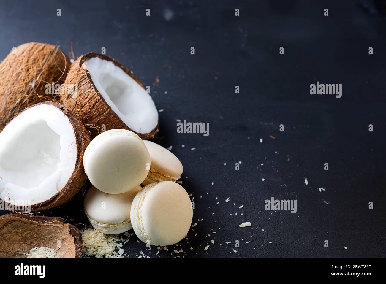 coconut macaroons on stone background, vintage color style flat lay ...