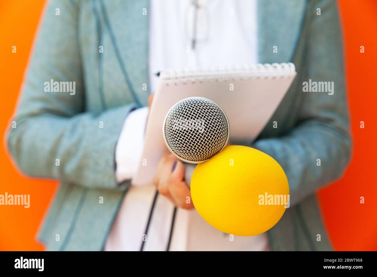 Female journalist at news conference or media event, writing notes ...