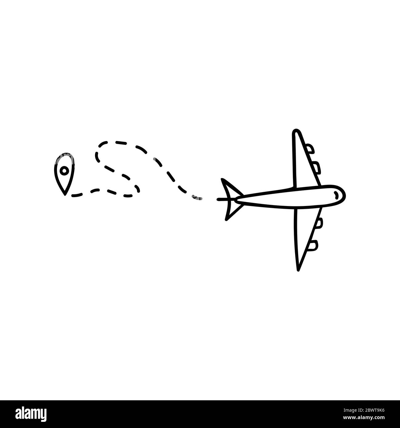 Hand drawn plane path with start point and dashed route. Black object ...