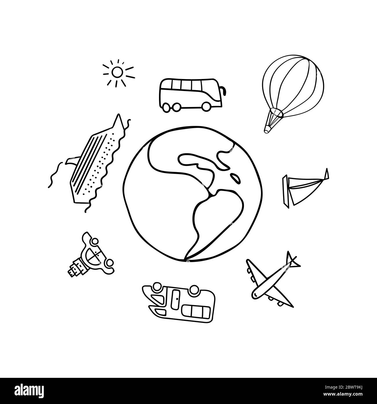 Transportation hand drawn icons around the planet Earth. Travel doodle ...