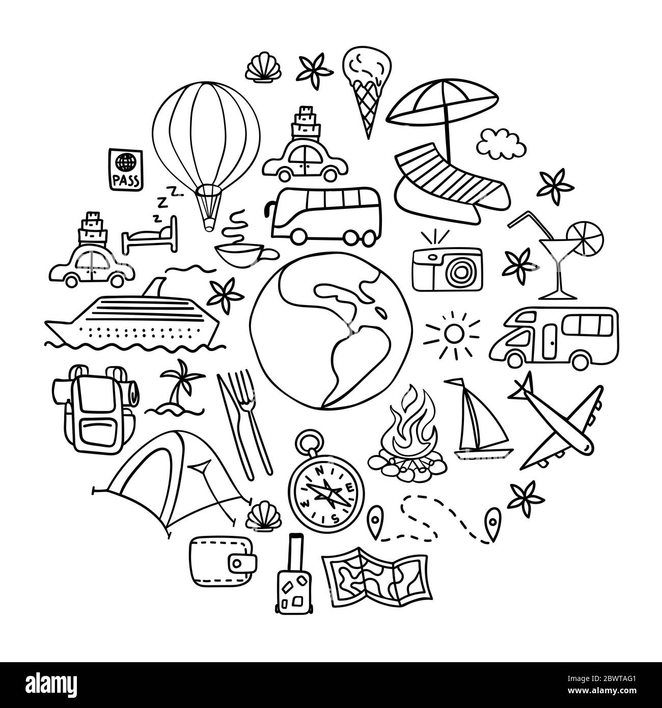 Travel and vacation hand drawn icons in circle. Summer tourism doodles ...