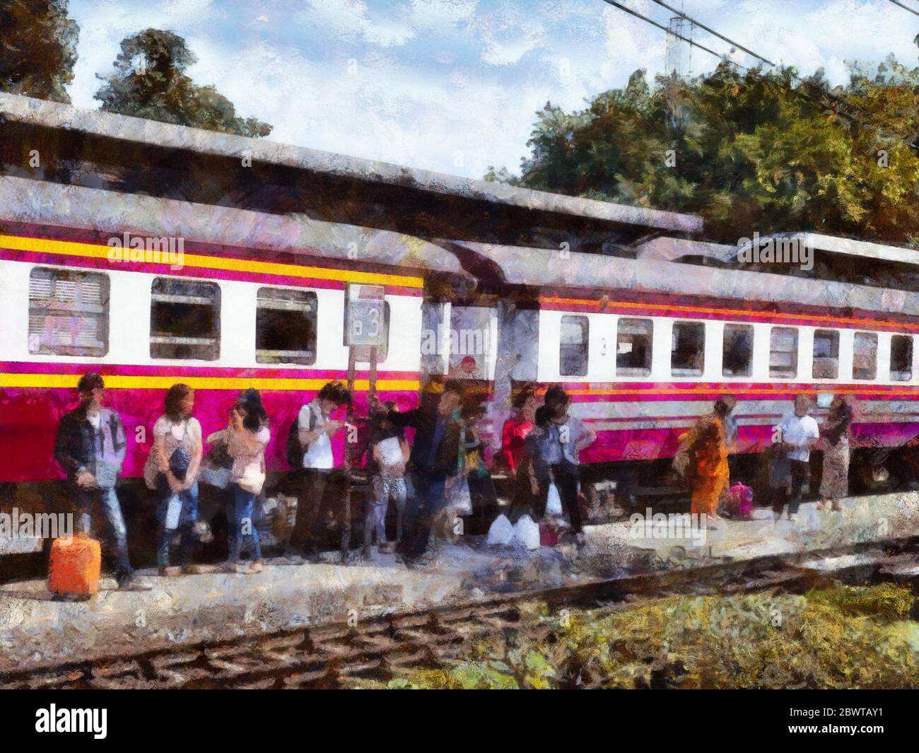 Passengers who are taking a train at this train station Illustrations ...