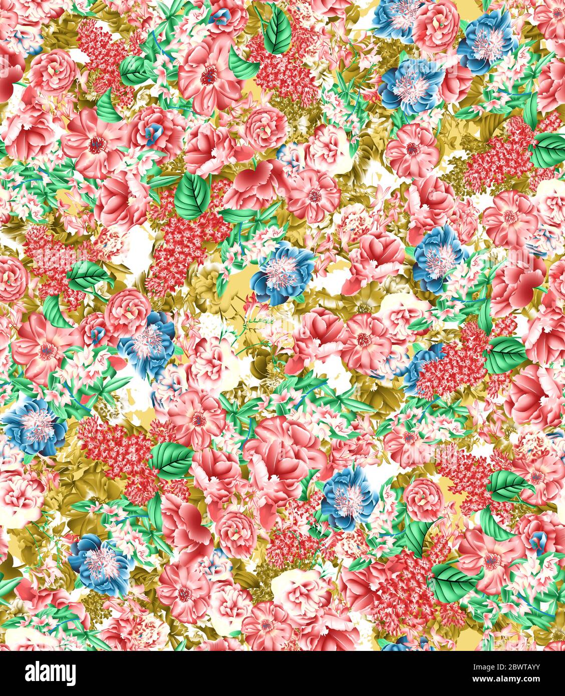 Seamless pattern with spring flowers and leaves. Hand drawn background ...