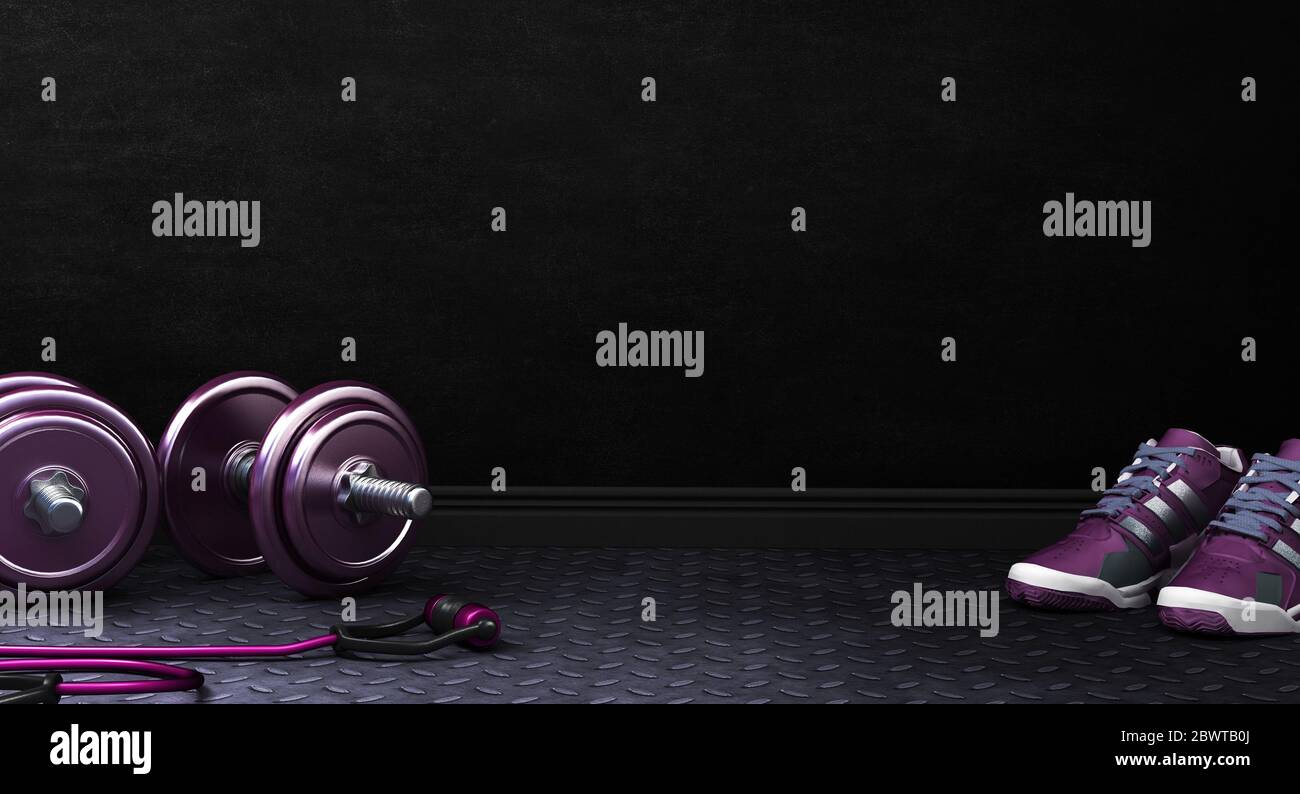 Dark Fitness background with dumbbells. 3d Rendering Stock Photo - Alamy