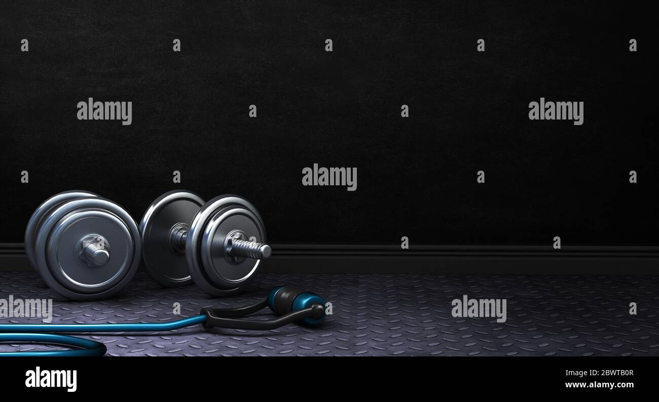 Dark Fitness background with dumbbells. 3d Rendering Stock Photo - Alamy