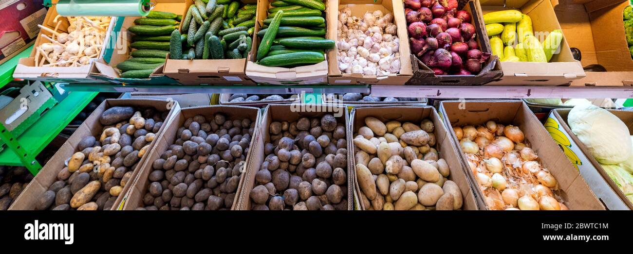 Colourful vegetable and fruit in box market Stock Photo - Alamy