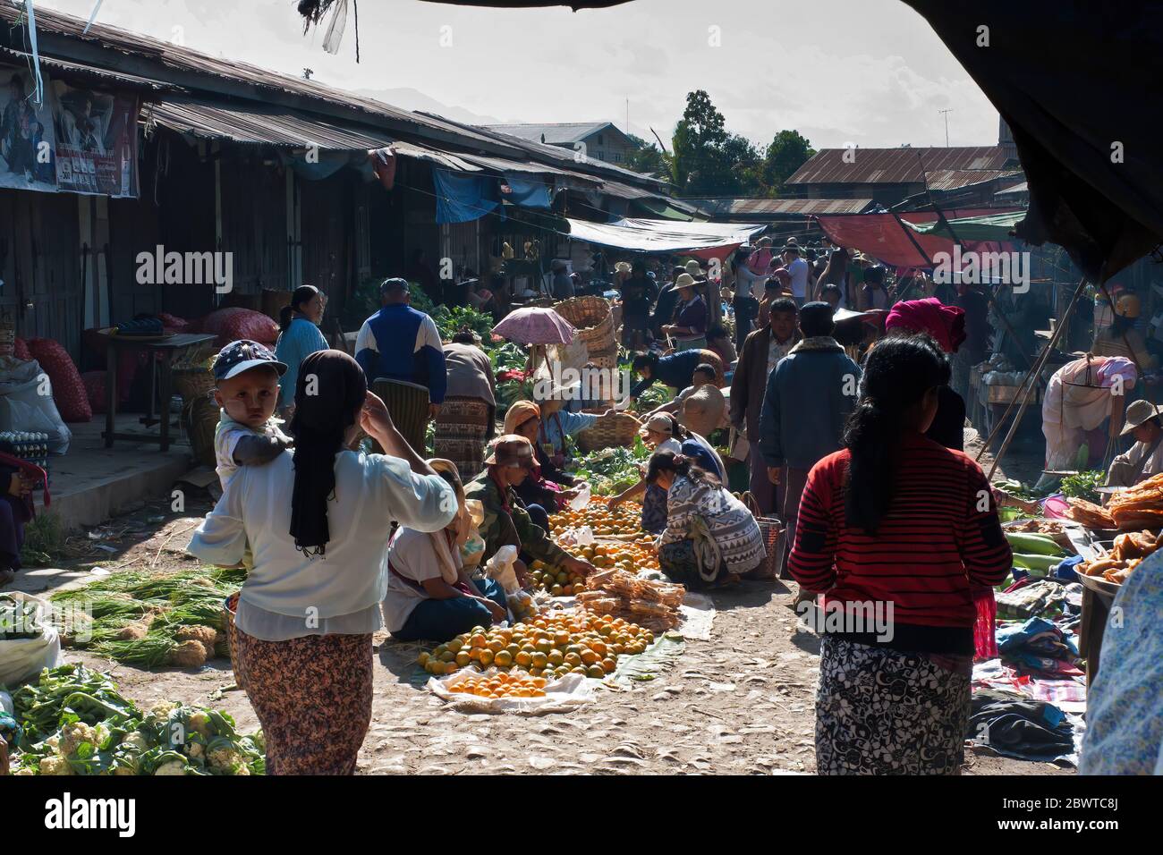 A traditional Burmese weekend market in a town in Taunggyi, Myanmar ...