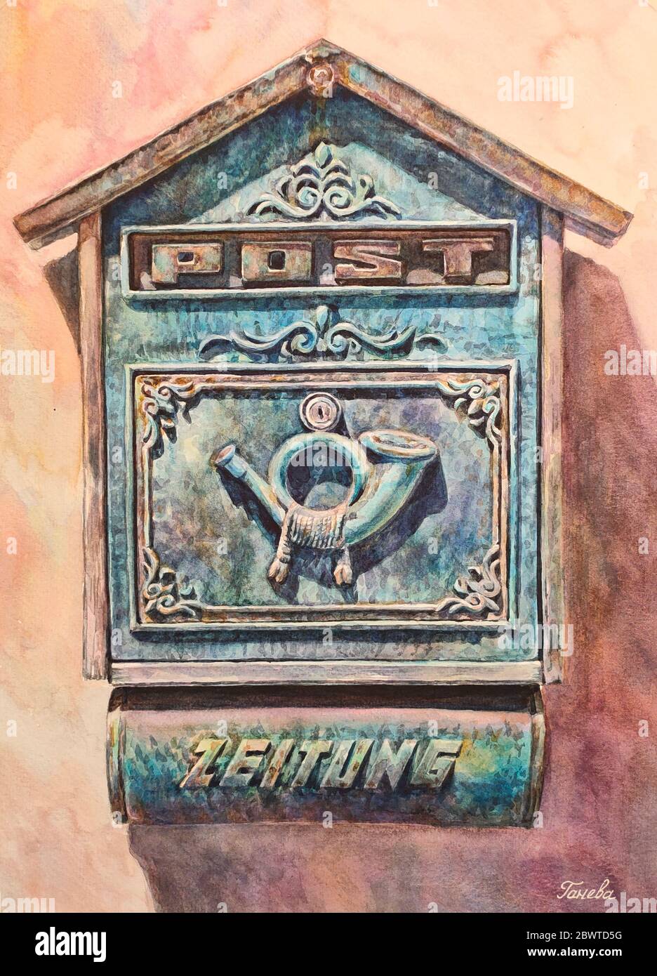 Classic vintage postbox mailbox watercolor illustration Stock Photo - Alamy