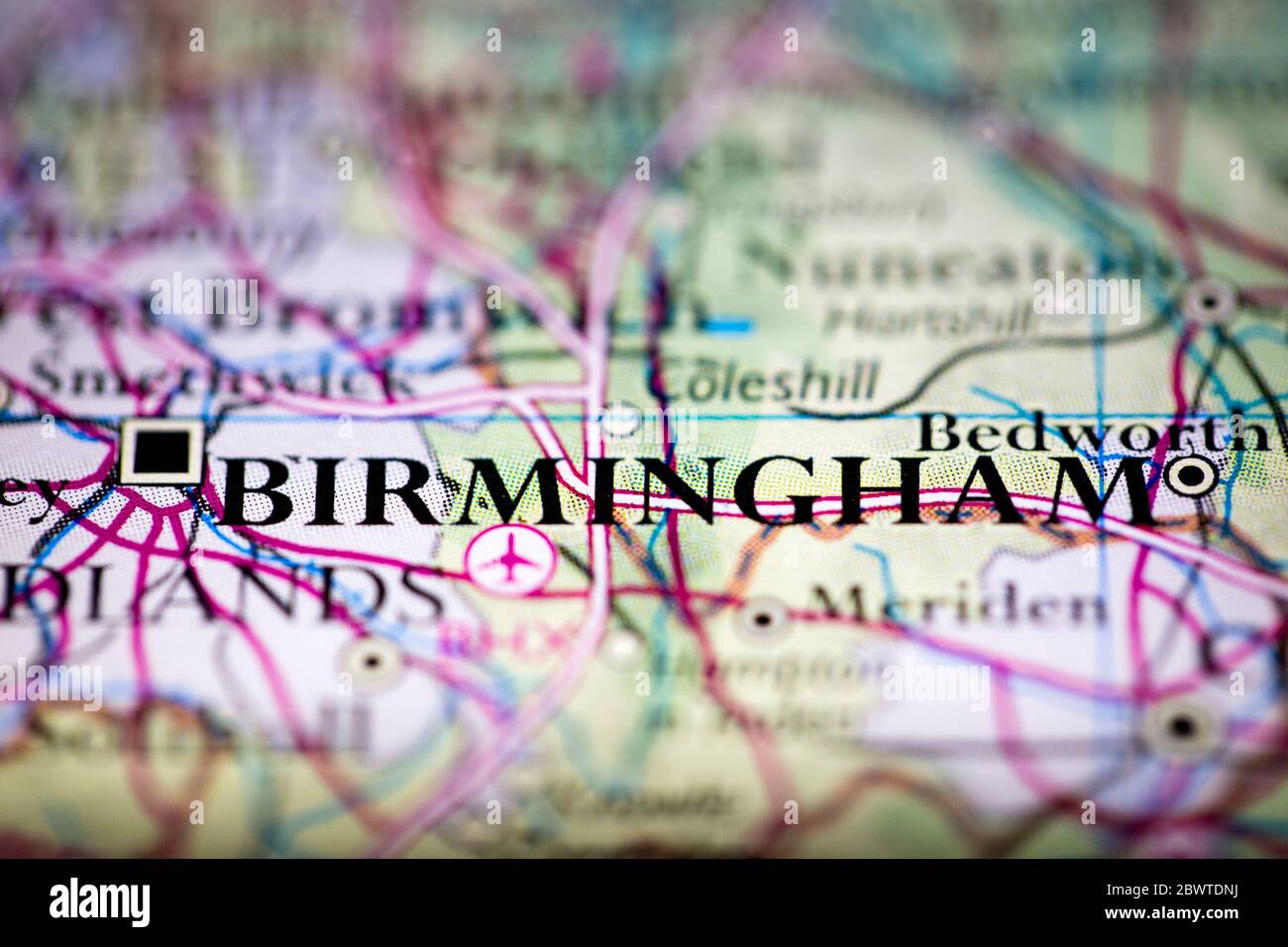Shallow depth of field focus on geographical map location of Birmingham ...