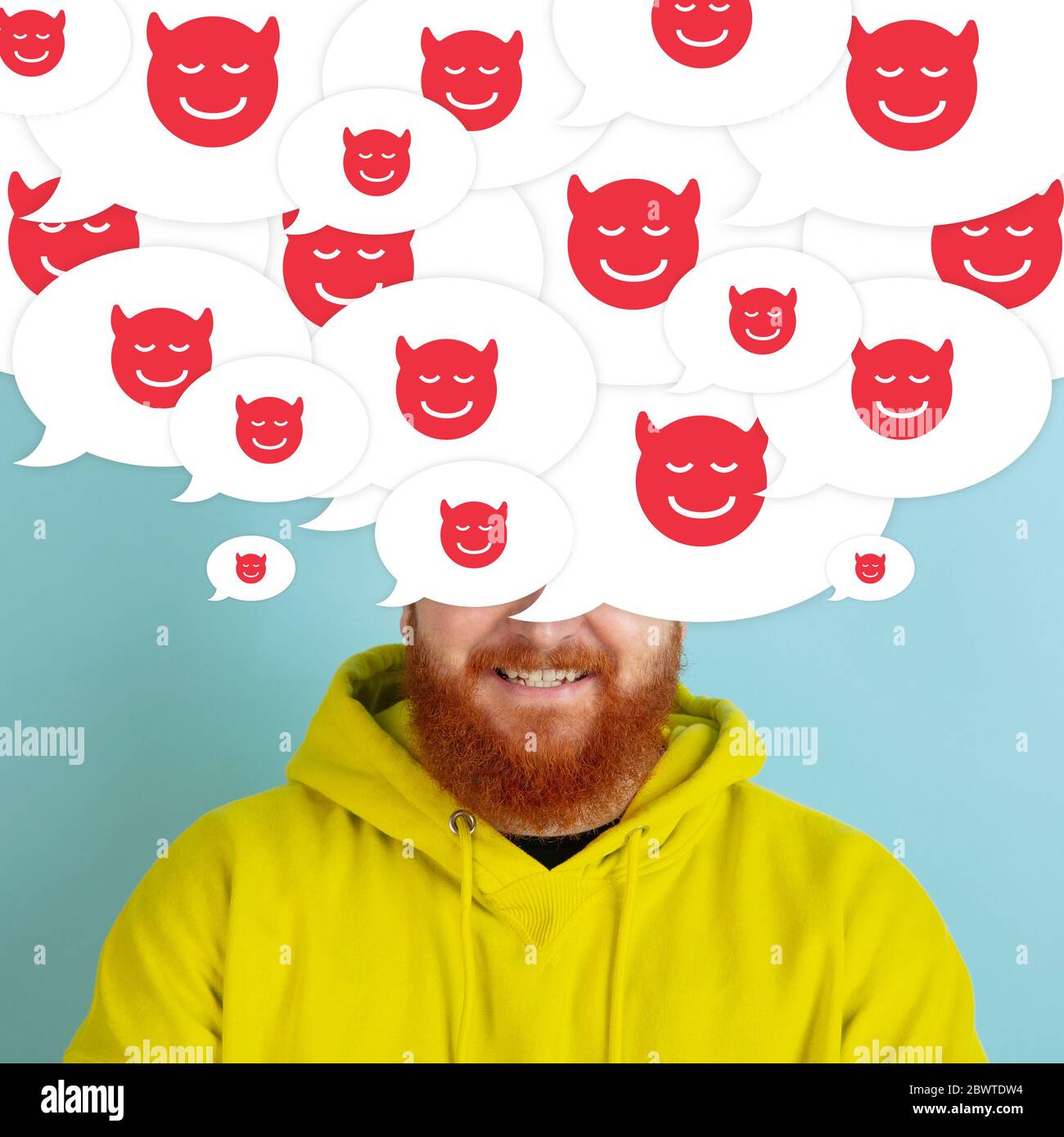 What's in your head. Young man with big speech bubbles on his head like ...