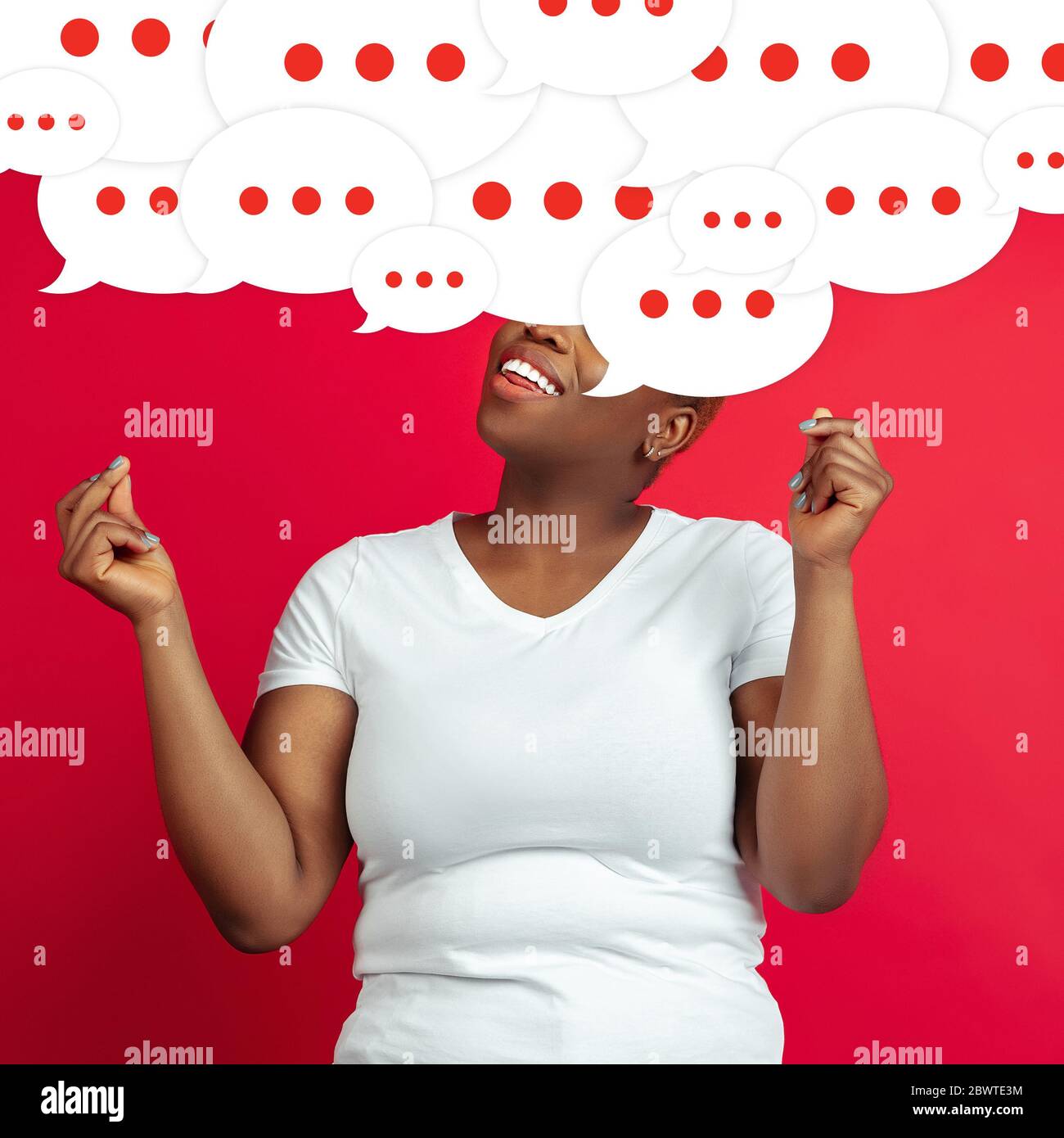 What's in your head. Young woman with big speech bubbles on her head ...