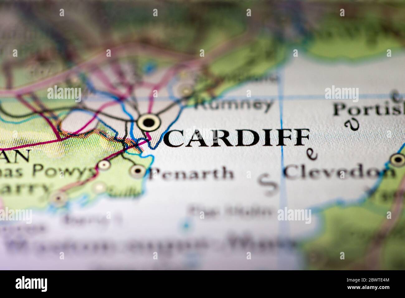 Shallow depth of field focus on geographical map location of Cardiff ...