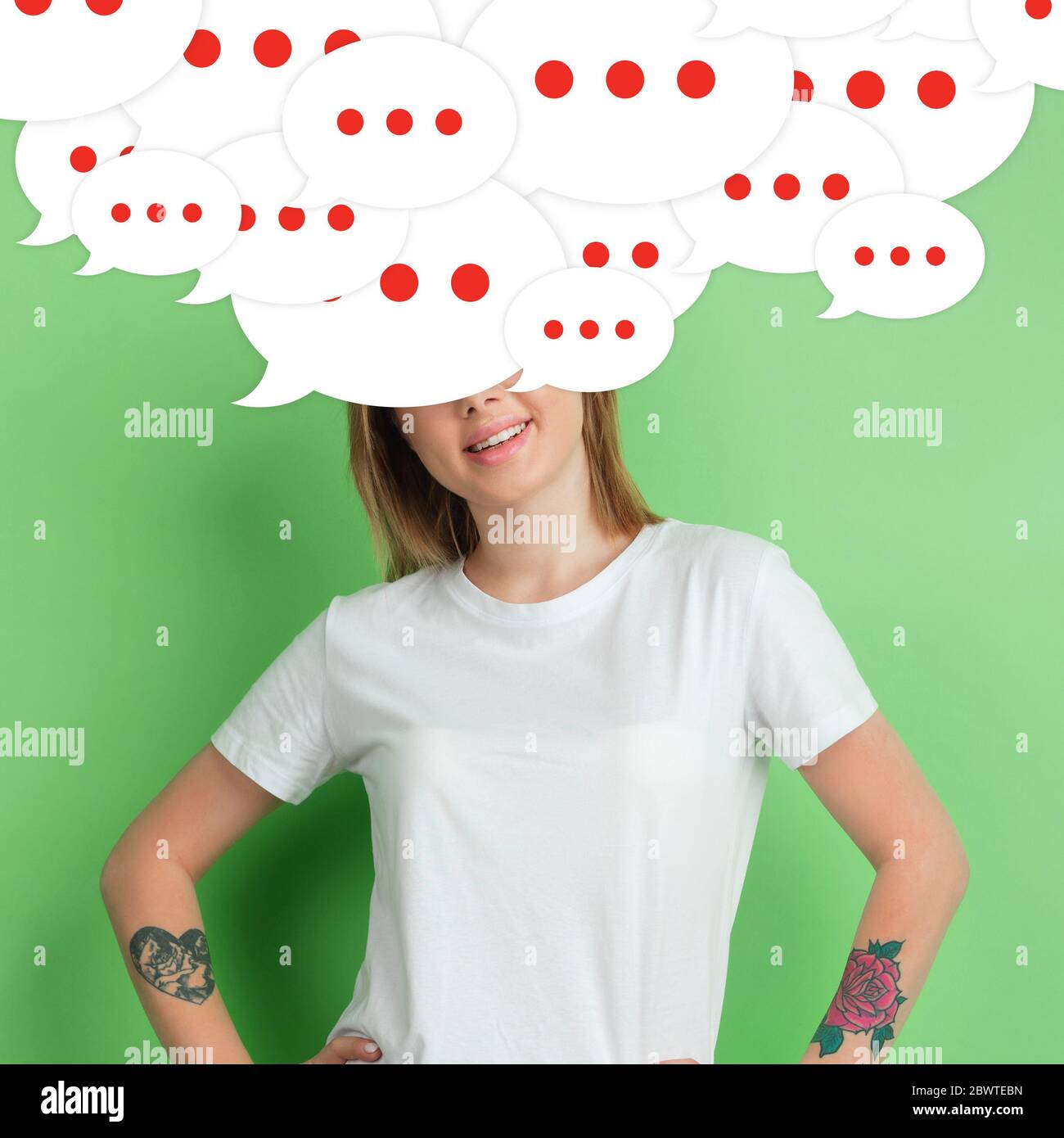 What's in your head. Young woman with big speech bubbles on her head ...