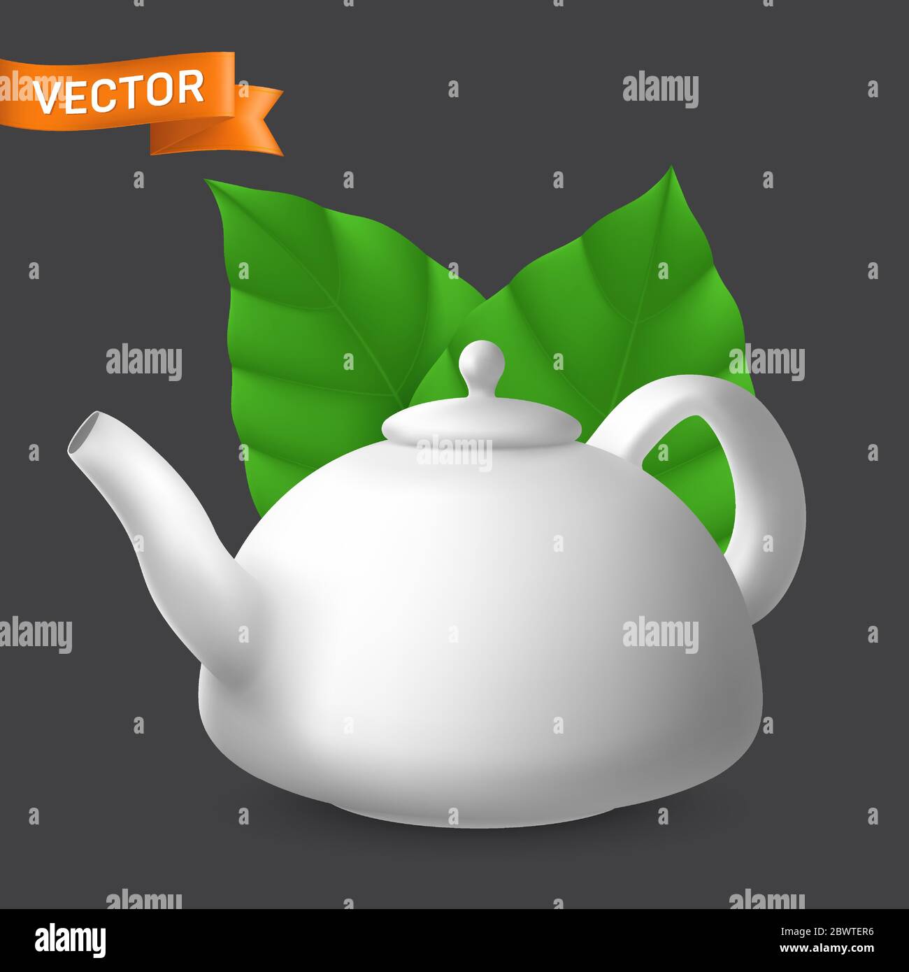 Porcelain teapot side view with mint leaves. Vector realistic ...