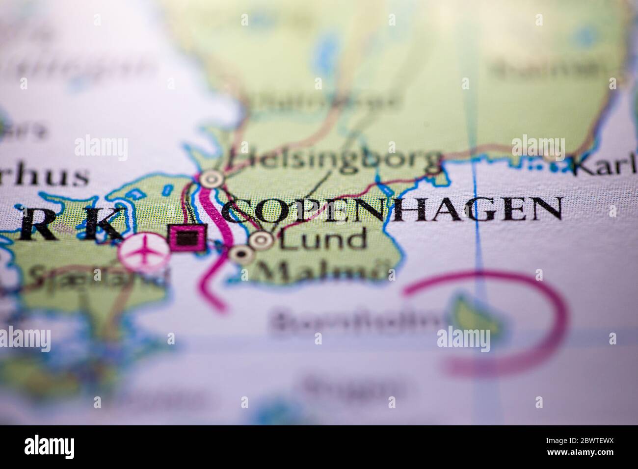 Shallow depth of field focus on geographical map location of Copenhagen ...