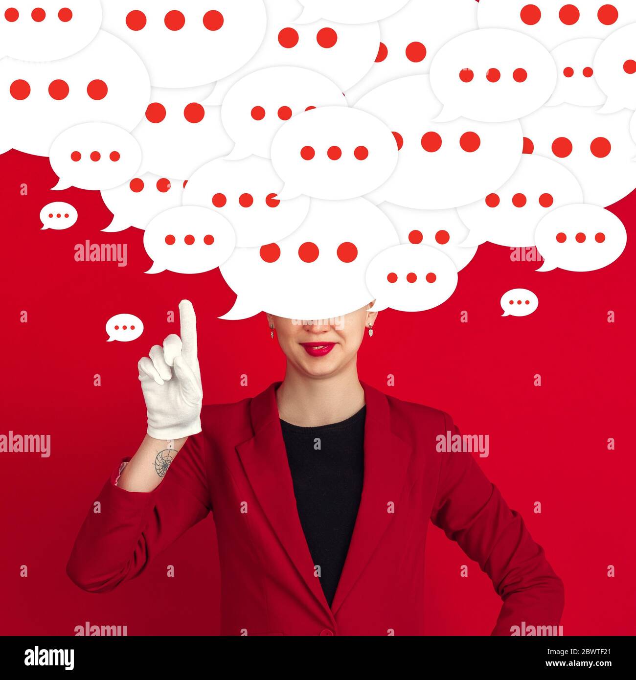 What's in your head. Young woman with big speech bubbles on her head ...