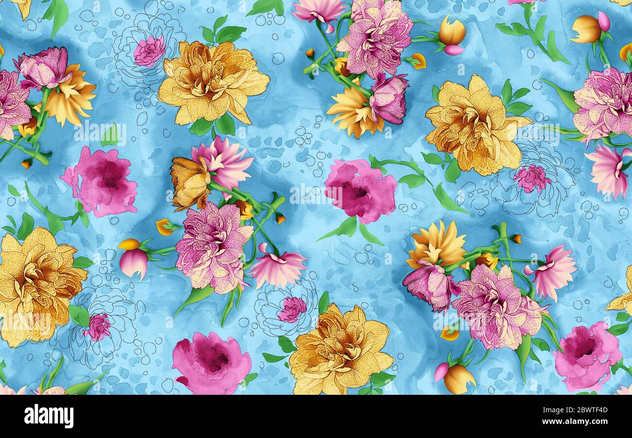 Seamless pattern with spring flowers and leaves. Hand drawn background ...