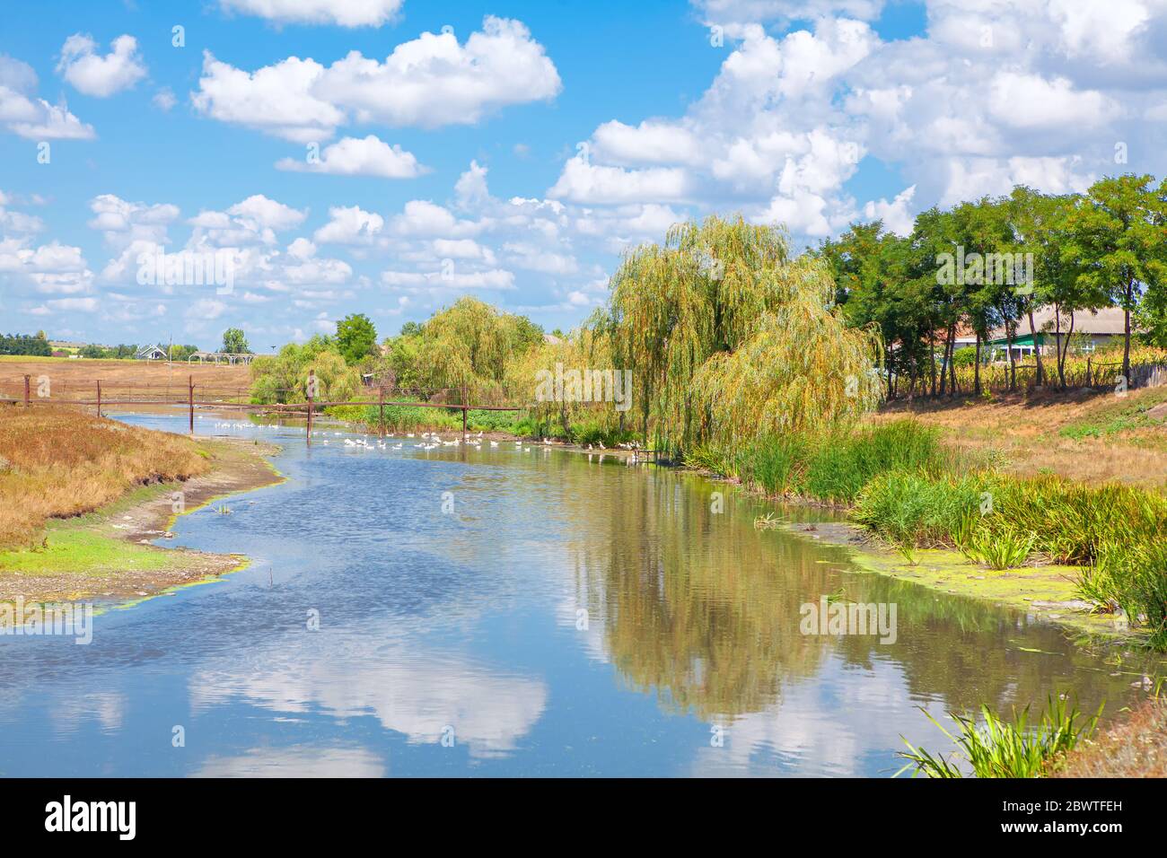 village and flowing river , rustic summer scenery Stock Photo - Alamy