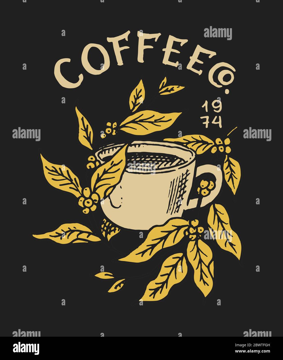 Cup of coffee with leaves. Logo and emblem for shop. Cacao beans and ...