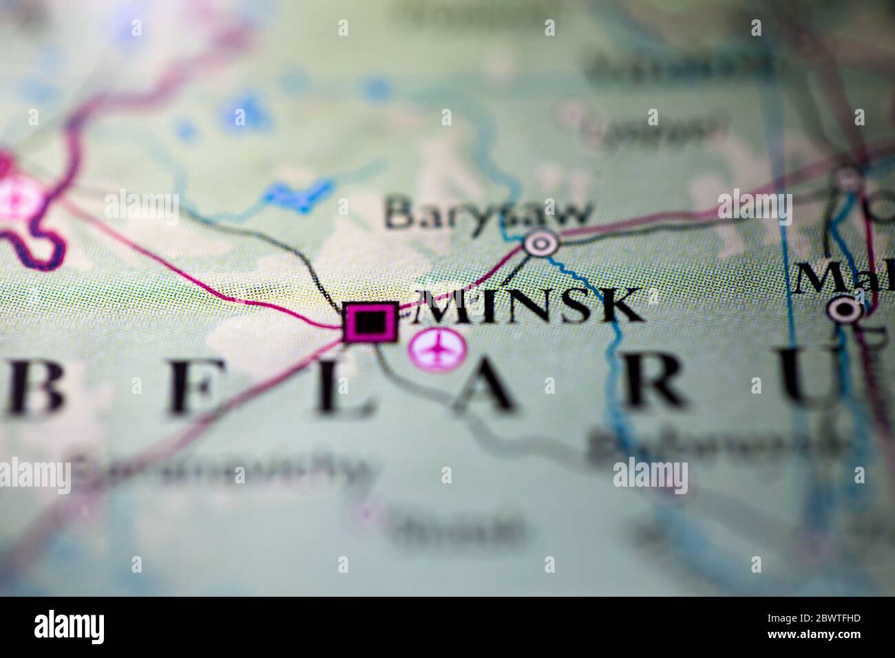 Shallow depth of field focus on geographical map location of Minsk city ...