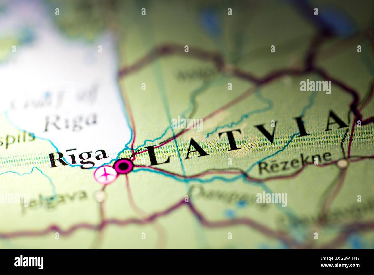 Shallow depth of field focus on geographical map location of Riga city ...