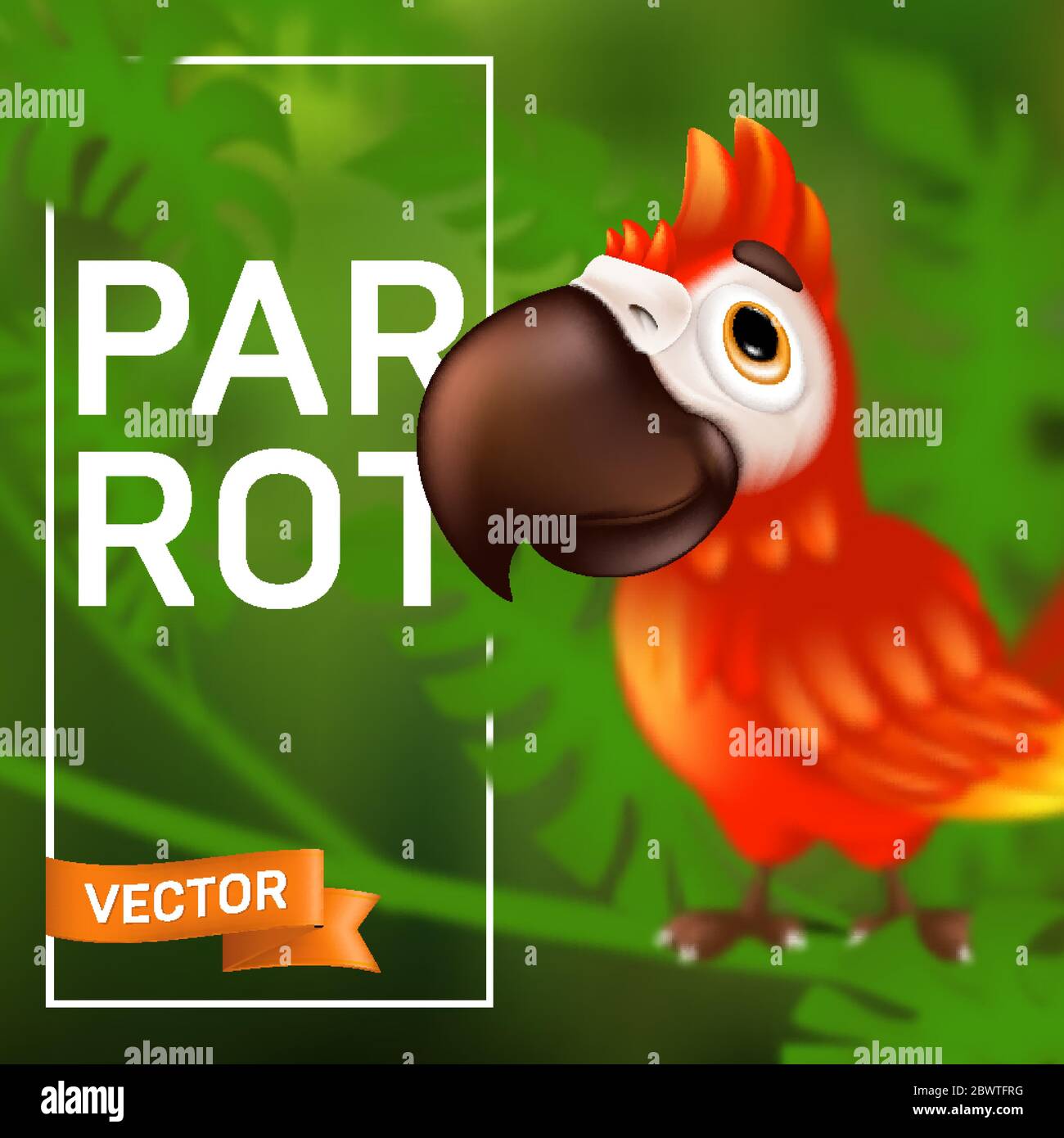 Cute ara parrot with big beak sitting on the branch, cartoon tropical ...