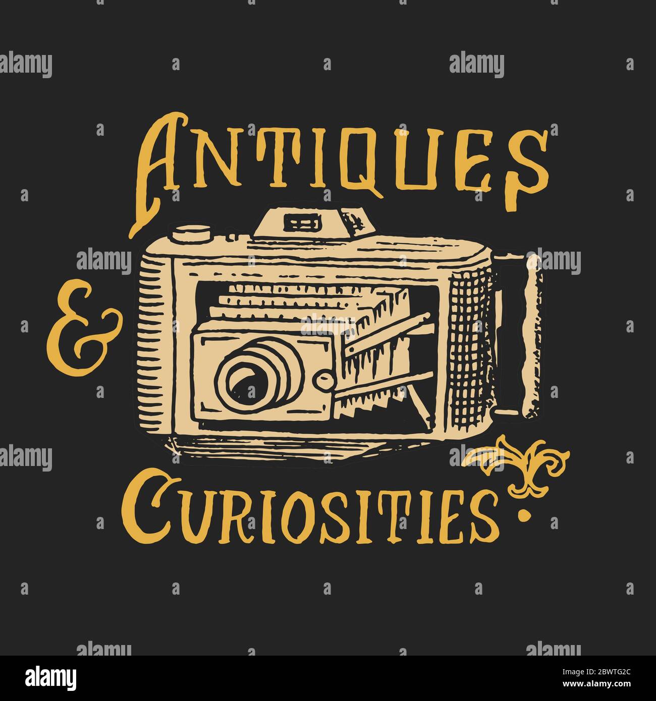 Vintage camera. Antique shop label or golden badge. Victorian ancient ...